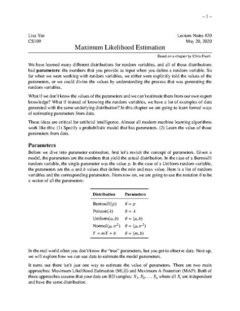 Ln20 Parameters Mle Notes Lisa Yan Cs Lecture Notes May 20 2020