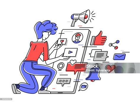 소셜 미디어 인플루언서 메시징 및 일부 게시물 벡터 개요 그림 지원 서비스 고객 및 청중과의 작업에 댓글을 달고 있습니다 사교모임에 대한 스톡 벡터 아트 및 기타 이미지