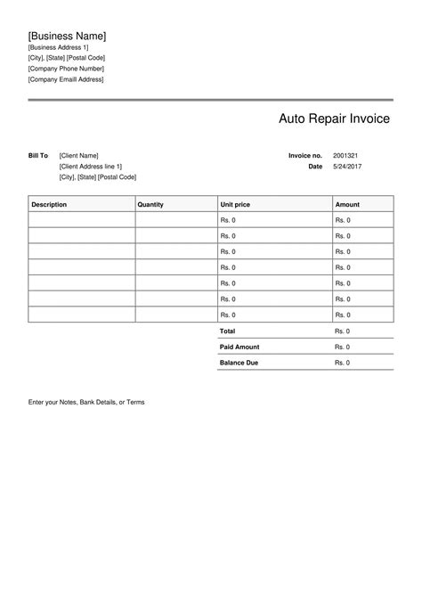 Free Printable Auto Repair Invoice Templates Pdf Word Excel