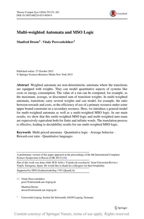 Multi Weighted Automata And Mso Logic Request Pdf