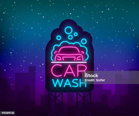 자동차 세척 로고 디자인 격리는 네온 스타일 벡터 일러스트 레이 션의 벡터 서식 파일 개념 세차 테마에 빛나는 간판 아이콘 빛나는 배너 세차장에 대한 스톡 벡터 아트 및