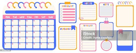 Kawaii 달력 할 일 목록 체크리스트 알림 및 주최자를 위한 메모 플래너를 위한 백지 메모 템플릿 또는 귀여운 스티커 세트 0명에 대한 스톡 벡터 아트 및 기타 이미지