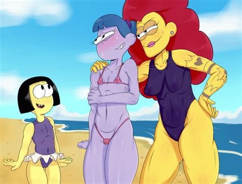 Rule 34 3girls Beach Big City Greens Bikini Black Hair Blue Hair Blushing Embarrassed Flat
