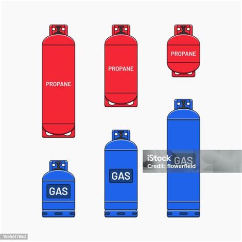 빨간색 파란색 프로판 가스 탱크가 흰색 배경 벡터 평면 그림에 설정되어 있습니다 가솔린에 대한 스톡 벡터 아트 및 기타 이미지 가솔린 가연성 가정 난방 Istock