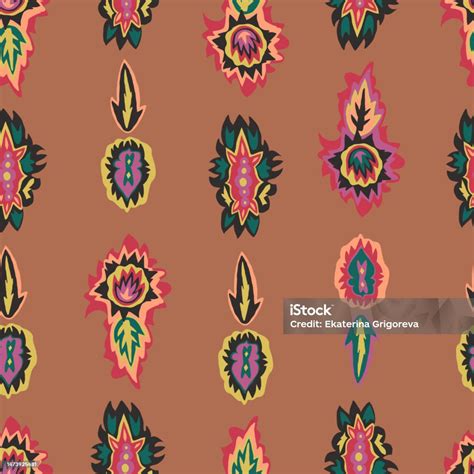 민속 민족 히피 매끄러운 패턴과 70년대 복고풍 분위기 추상적인 다채로운 부족 반점 반복 카펫 깔개 스타일 오점 장식용 얼룩 모양 벡터 배경 섬유 포장지 동쪽에 대한 스톡