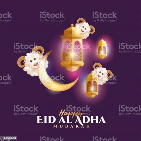 이드 알아드하 벡터 일러스트레이션 무슬림 휴일 이드 알 아드하 램 화이트와 검은 양을 희생 그래픽 디자인 장식 Kurban Bayrami 달 양과 램프 아랍어번역 이드