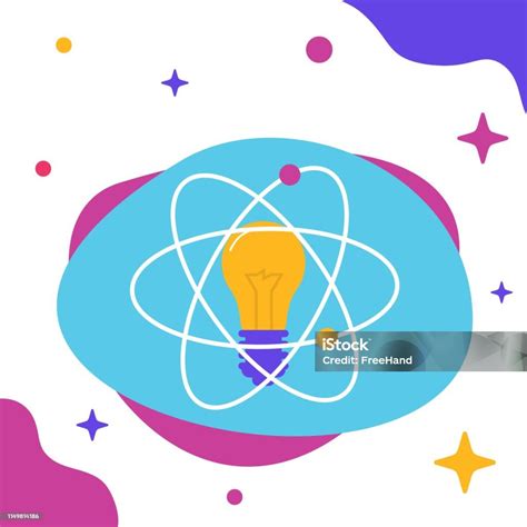 추상적인 배경에 원자를 압 연 하는 전구의 평면 벡터 일러스트 레이 션 0명에 대한 스톡 벡터 아트 및 기타 이미지 0명