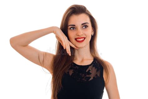 Happy Young Brunette Lady With Red Lips And Black Dress Looking Away