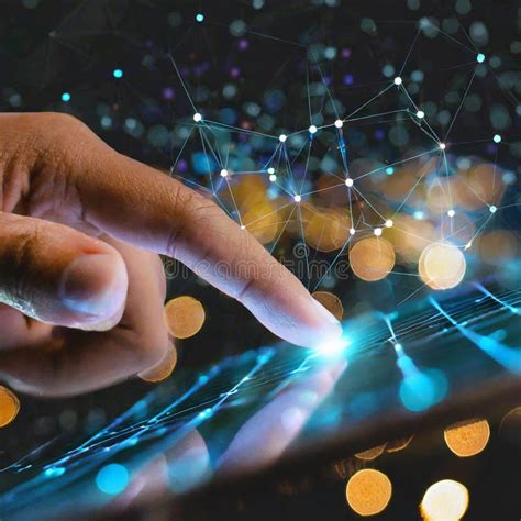 Hand Interacts With A Digital Interface Illuminating Nodes And Connections Stock Illustration