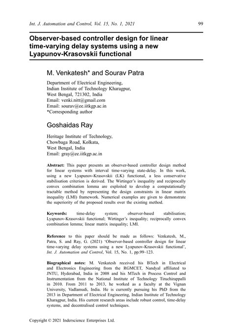 Pdf Observer Based Controller Design For Linear Time Varying Delay Systems Using A New
