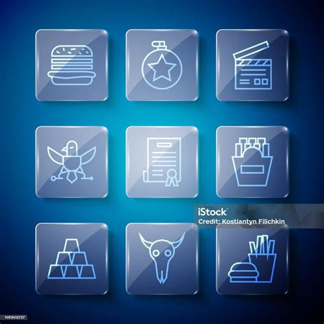 세트 라인 골드 바 버팔로 해골 버거와 감자 튀김 영화 클래퍼 독립 선언문 독수리 및 감자 상자 아이콘 벡터 7월에 대한 스톡 벡터 아트 및 기타 이미지 Istock