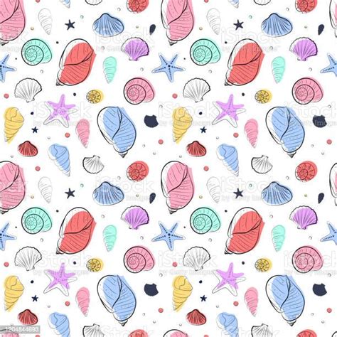 조개와 불가사리와 원활한 패턴 해양 배경입니다 스케치 스타일의 벡터 일러스트레이션입니다 여름 테마 배경입니다 갑각류에 대한 스톡