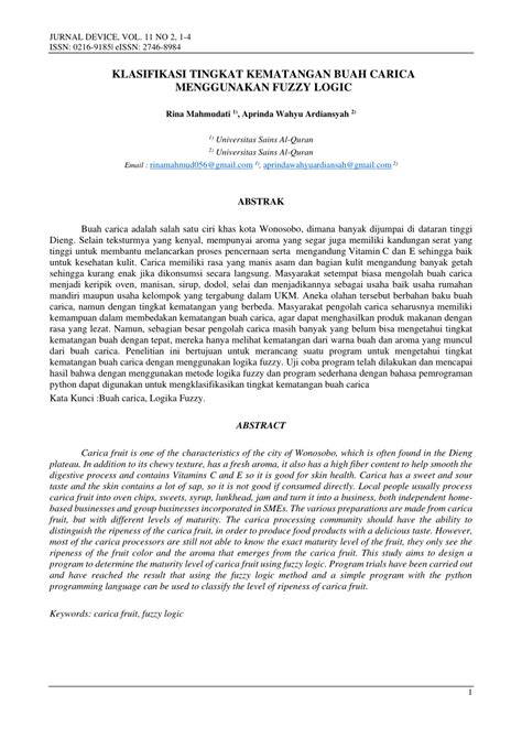 Pdf Klasifikasi Tingkat Kematangan Buah Carica Menggunakan Fuzzy Logic