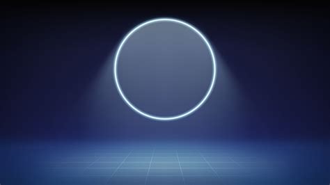 미래 무대 진한 파란색 배경 원형 네온 현대적인 Led 후광 스포트라이트 그리드 바닥으로 조명되는 희미한 방 제품 프리젠테이션 광고를 표시하기 위한 배경 쇼케이스 벡터 0