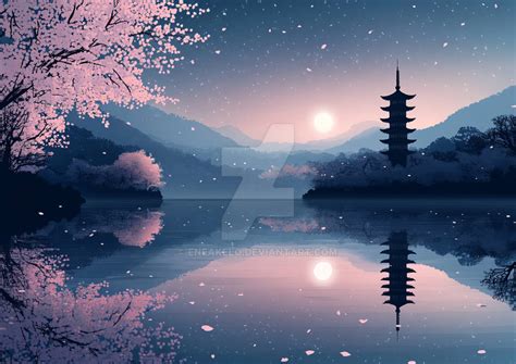 Kyoto Cherry Blossoms Under A Starlit Sky By Eneakelo On Deviantart