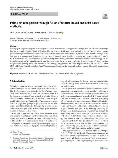 Pdf Palm Vein Recognition Through Fusion Of Texture Based And Cnn Based Methods