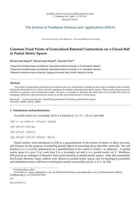 Pdf Common Fixed Points Of Generalized Rational Contractions On A Closed Ball In Partial