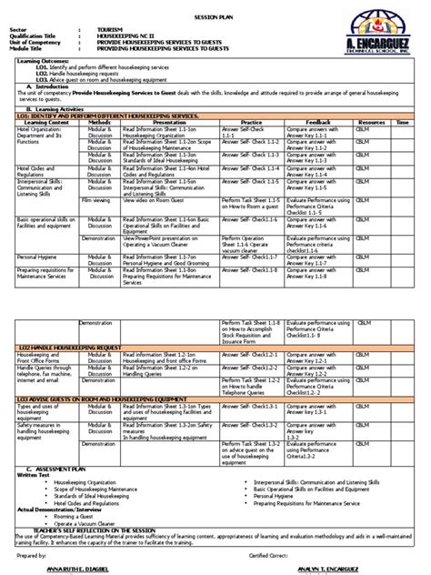 housekeeping session plan pdf housekeeping modular programming