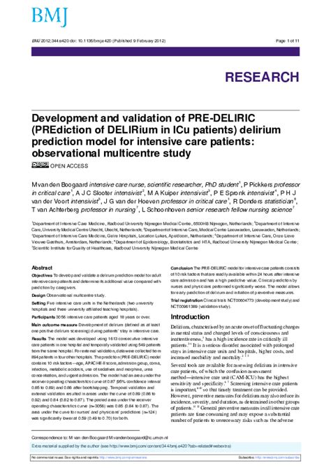 Pdf Pre Deliric Prediction Of Delirium In Icu Patients Development And Validation Of A