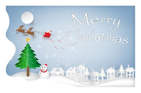휴일 Xmas 하루와 종이 예술 및 공예 메리 크리스마스 텍스트와 겨울 배경에서 눈송이 눈사람 Xmas 나무 순 록 썰매에 산타 클로스 스타일 개념 벡터 일러스트 레이 션