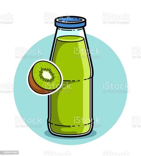 흰색 배경 벡터 일러스트레이션 만화 스타일의 로고 또는 순수한 신선한 주스 다이어트 식음료 맛있고 건강한 배지에 고립 된 유리 병에 키위 주스 3차원 형태에 대한 스톡 벡터