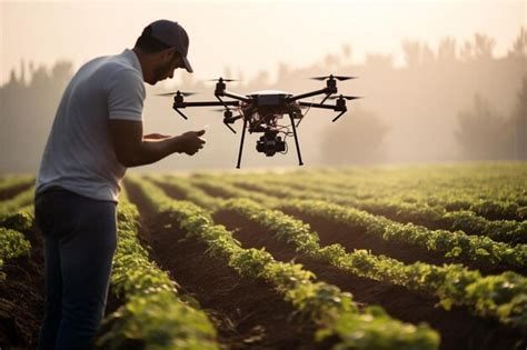 Farmer Using Robot Drone To Irrigation Of Agricultural Field Premium Ai Generated Image