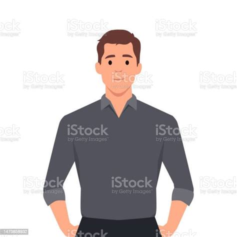 비즈니스 캐주얼 옷을 입은 친절한 청년의 그림 주머니에 손을 넣고 서 있는 멋진 젊은 남자 거래자에 대한 스톡 벡터 아트 및