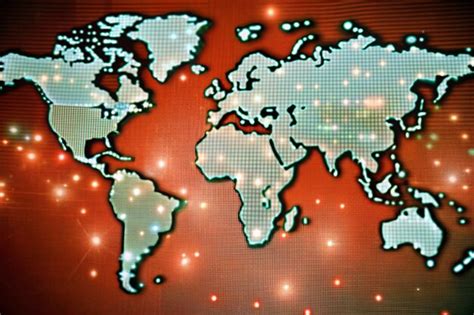 Digital World Map With Glowing Dots On Dark Background Premium Ai