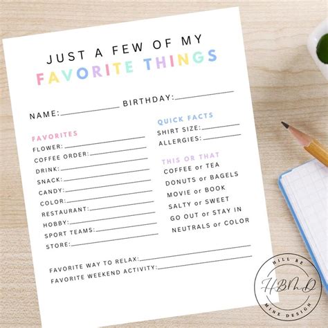 Favorite Things Survey Coworker T Bff Questionnaire Digital File Etsy