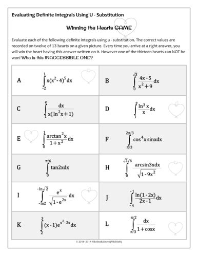 Evaluating Integrals Using U Substitution Win The Hearts Matching Activity Teaching Resources
