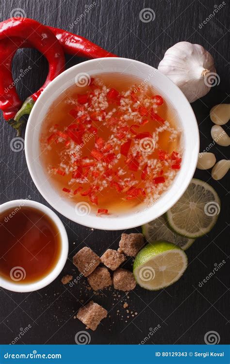 Vietnamese Traditional Nuoc Cham Sauce Closeup And Ingredients Stock