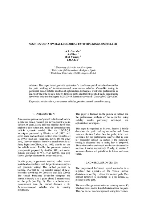 Pdf Synthesis Of A Spatial Lookahead Path Tracking Controller