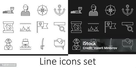 세트 라인 해적 모자 안대 바람 장미 침몰 한 배 보물지도 보물과 재물 두개골과 선장 아이콘이있는 깃발 벡터 가공의 인물에 대한