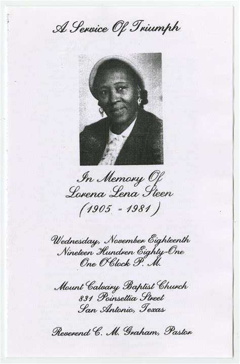 Funeral Program For Lorena Lena Steen November 18 1981 The Portal