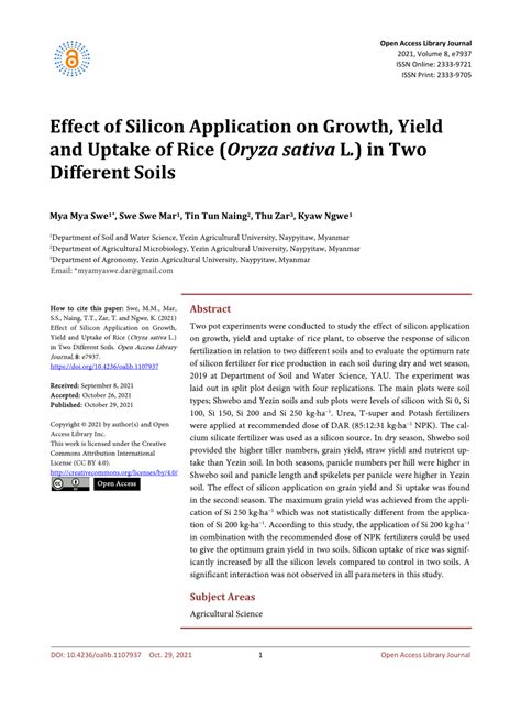 Pdf Effect Of Silicon Application On Growth Yield And Uptake Of Rice Oryza Sativa L In Two