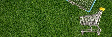 쇼핑 중독 구매자 쇼핑 개념입니다 클로즈업 위에서 녹색 잔디의 배경에 고립 된 카트와 쇼핑 바구니 공간을 복사합니다 배너 개념에 대한 스톡 사진 및 기타 이미지 Istock
