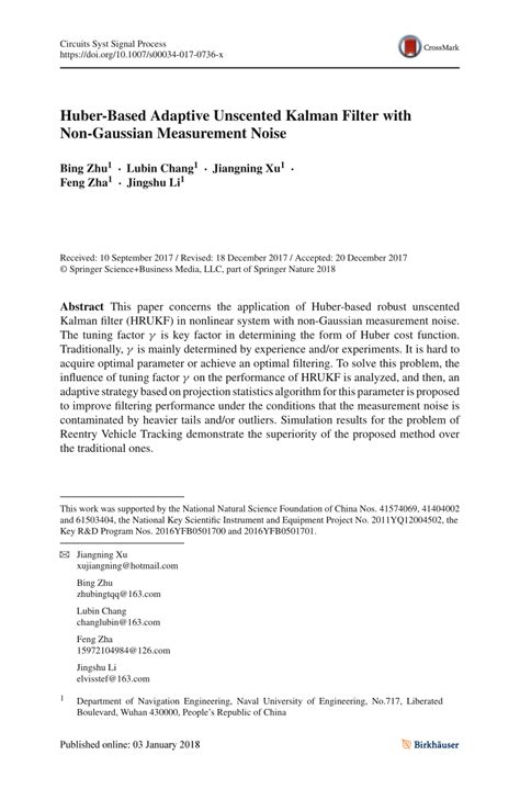 Pdf Huber Based Adaptive Unscented Kalman Filter With Non Gaussian Measurement Noise