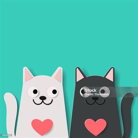 벡터 종이 예술과 풍경 녹색 배경에 재미있는 만화 귀여운 검은 고양이와 흰색 고양이의 디지털 공예 스타일 기념일 발렌타인 데이