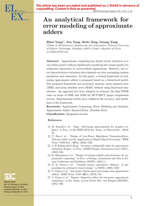 pdf an analytical framework for error modeling of approximate adders