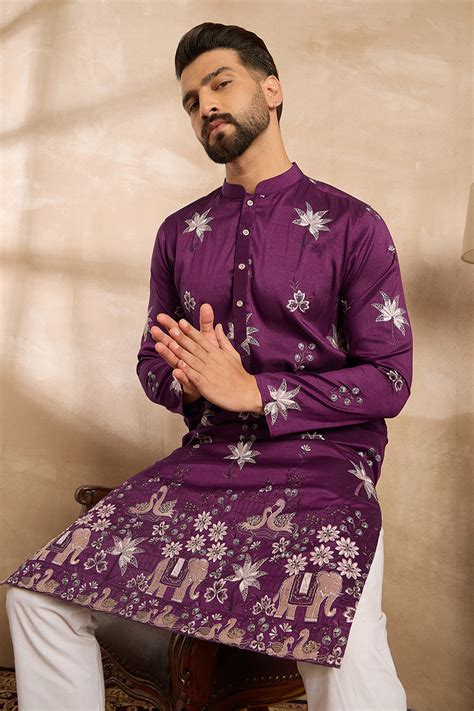 Purple Polyester Solid Embroidered Straight Kurta With Trouser Shobi