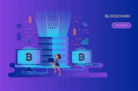 Cryptocurrency 및 꾸며진된 작은 사람들이 문자로 Blockchain의 현대 그라데이션 플랫 라인 개념 웹 배너 방문 페이지 템플릿입니다 가상현실에 대한 스톡