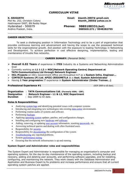 Srikanth System Administrator And Network Engineer For 6yrs Doc
