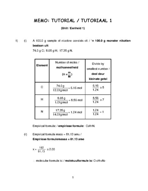 Tutorials Memo Tutorial 1 Memo Tutorial Tutoriaal 1 Unit Eenheid 1 I A 100 G Sample