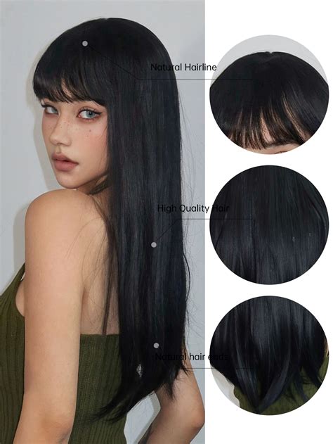 Black Synthetic Natural Hair Wigs For Women Long Straight With Bangs