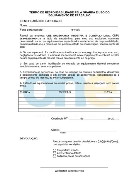 Termo De Responsabilidade De Equipamentos Pdf