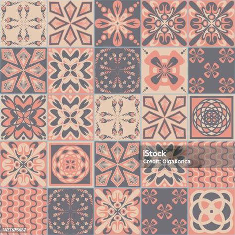 핑크 스퀘어 이음새가 없는 패턴 스페인 타일 Azulejo Talavera 파스텔 그레이 빈티지 화려한 장식 일러스트레이션 0
