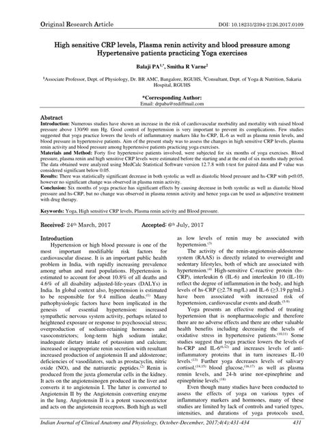 Pdf High Sensitive Crp Levels Plasma Renin Activity And Blood