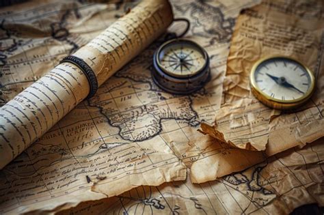 A Rolled Map And Two Compasses Lie On A Worn Aged Table Premium Ai