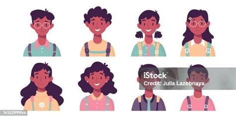 어린이 초상화 세트 배낭을 가진 아프리카 계 미국인 소년 소녀의 웃는 얼굴 세트 다른 헤어 스타일 학교 아이 아바타 플랫 벡터 일러스트레이션 학교 클립 아트로 돌아가기