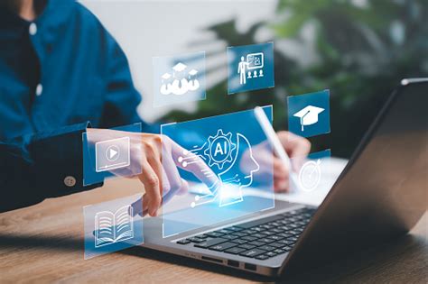 교육 기술 및 Ai 인공 지능 개념 여성은 노트북을 사용합니다 현대 디지털 학습에서 수업 및 온라인 웨비나를 성공적으로 배우십시오 새로운 기술을 개발하는 과정 인공지능에